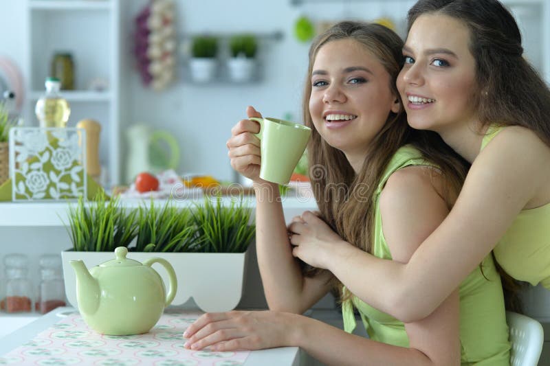 Portrait of Two Cute Girls Drinking Tea Stock Image - Image of detail ...