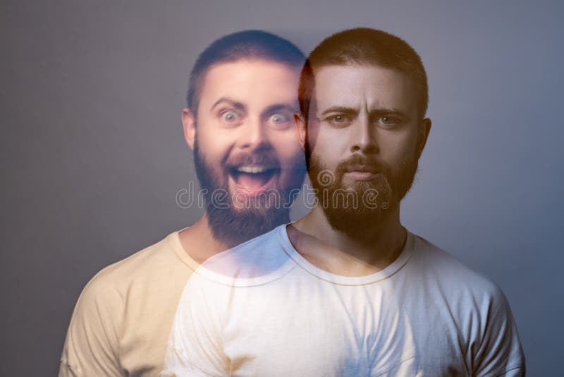 Portrait of Two-faced Man in Calm Serious and Crazy Funny Face ...