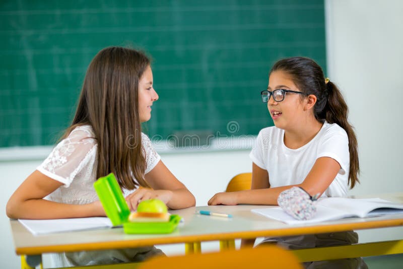 Portrait of Two Girls in the Lunch Break at the School Stock Image ...