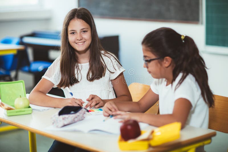 Portrait of Two Girls in the Lunch Break at the School Stock Photo ...