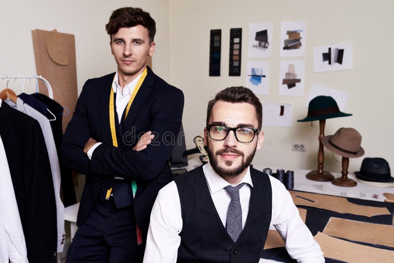 Two Tailors Posing in Atelier Stock Image - Image of fashion, apparel ...