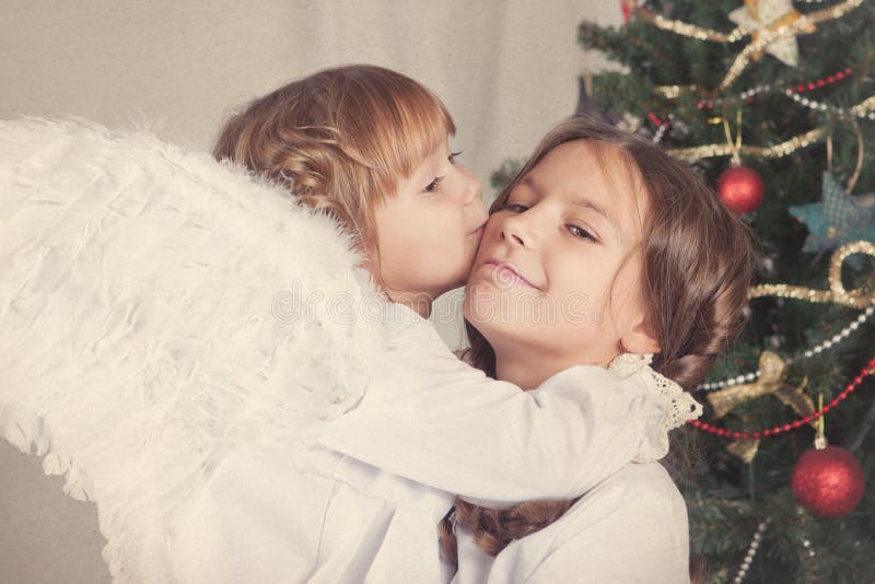 Portrait of Two Happy Sisters, Christmas Stock Image - Image of ...