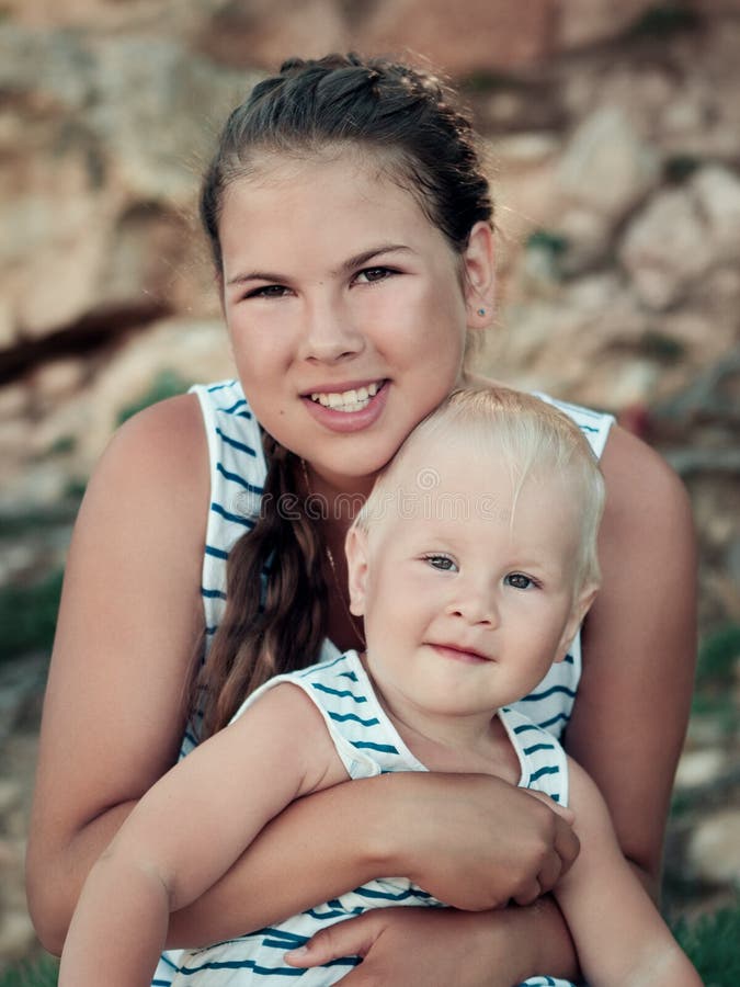 Portrait of Two Happy Sisters, Outdoor Stock Image - Image of ...
