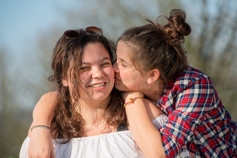 Portrait of Two Happy Sisters, Outdoors Stock Photo - Image of ...