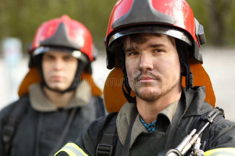 Portrait of Two Heroic Fireman in Protective Suit Stock Image - Image ...
