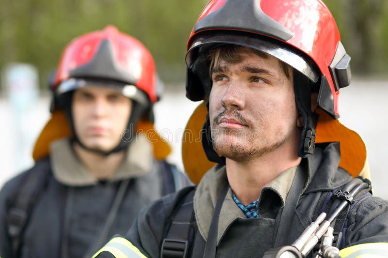 Portrait of Two Heroic Fireman in Protective Suit Stock Image - Image ...
