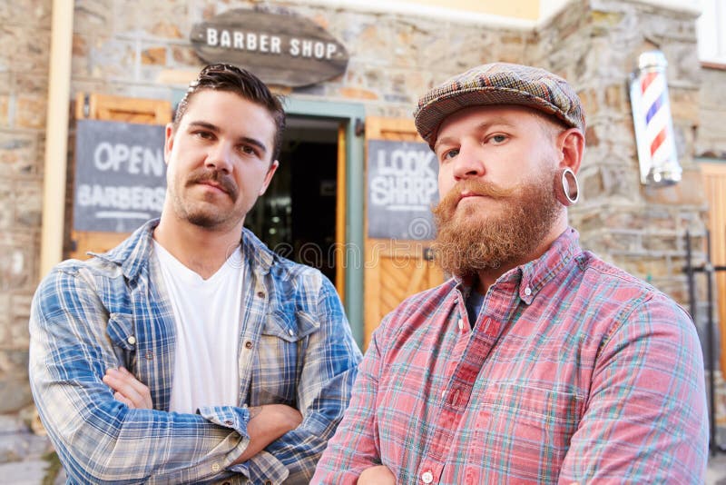 Portrait of Two Hipster Barbers Standing Outside Shop Stock Image ...