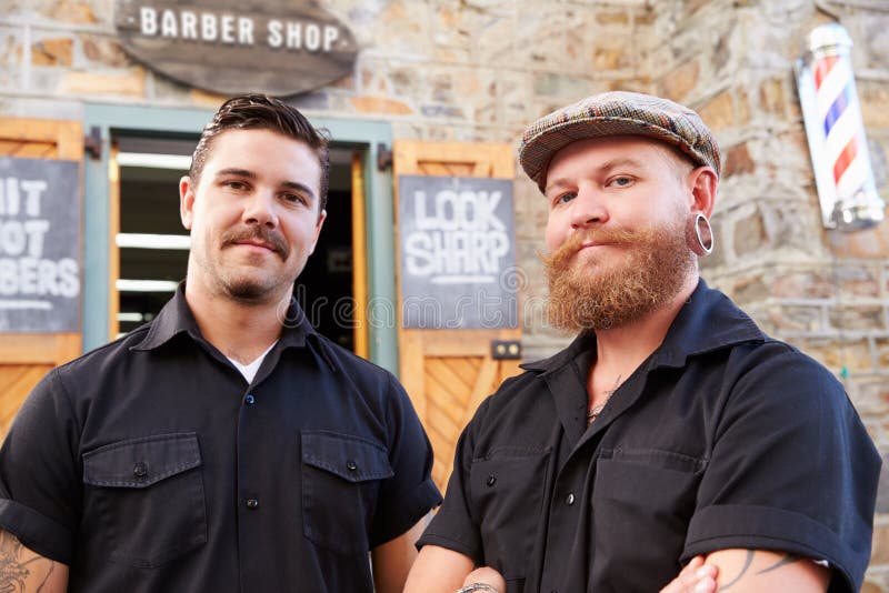 Portrait of Two Hipster Barbers Standing Outside Shop Stock Photo ...