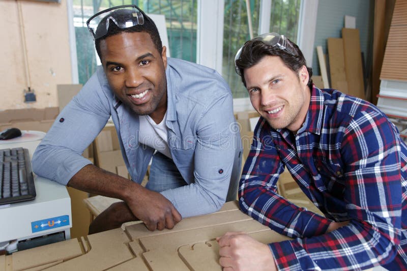 Portrait Two Male Carpenters in Woodwork Workshop Stock Photo - Image ...