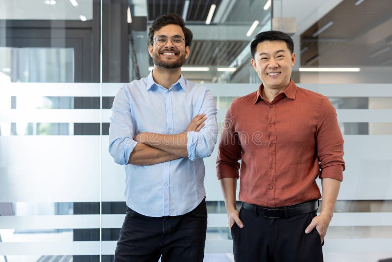 Portrait of Two Office Colleagues in Casual Clothes. Men Smiling and ...