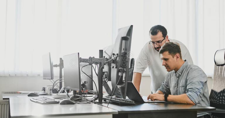 Portrait of Two Professional Male Programmers Working on Computer in Diverse Offices. Modern it ...