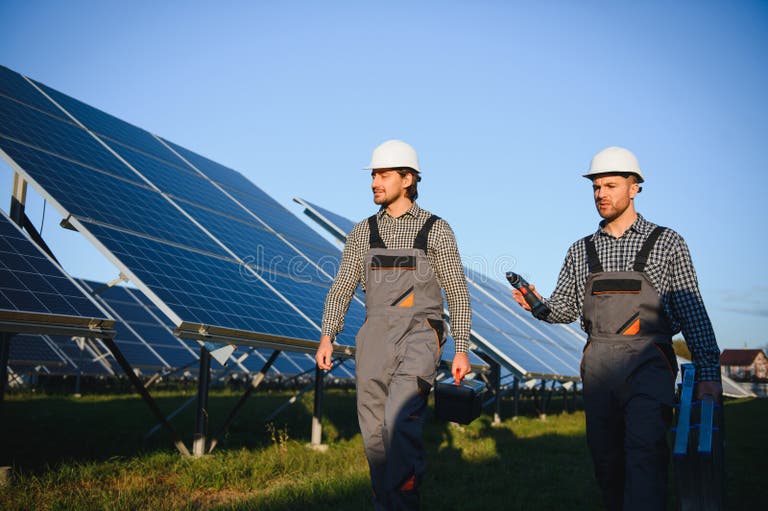 Portrait of Two Professional Workers in Uniform and Helmets Working in ...