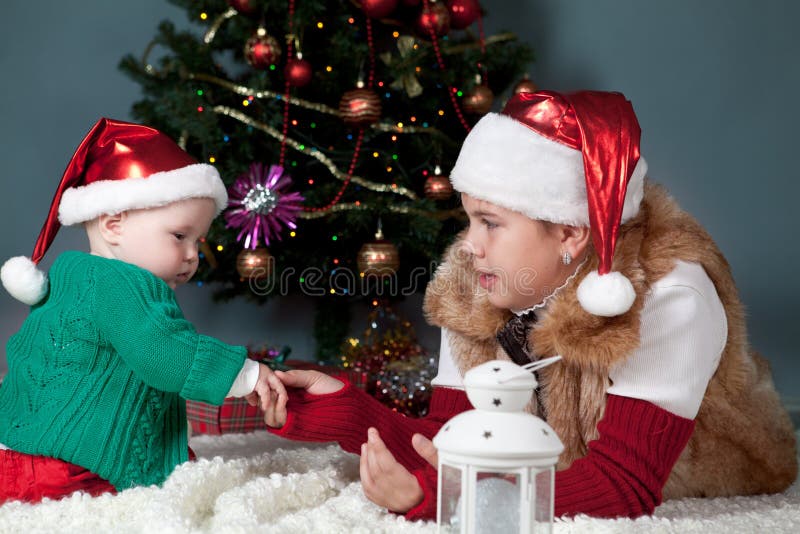 Portrait of Two Sisters, Christmas Stock Image - Image of expression ...