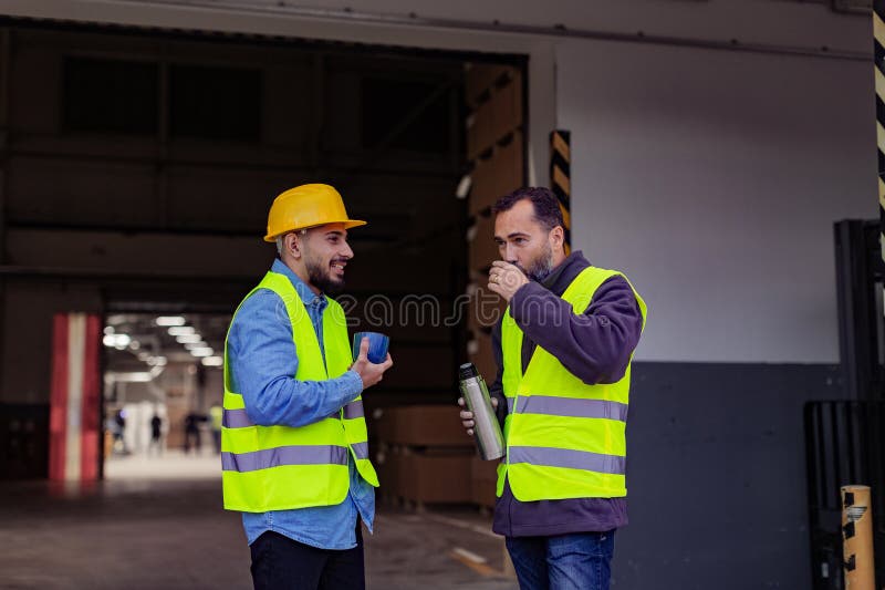 Portrait of Two Workers Taking Break from Work, Drinking Coffee ...