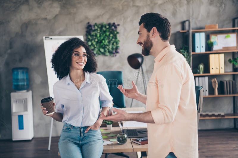 Portrait of Two Young Corporate Workers Talk Project Modern Loft ...
