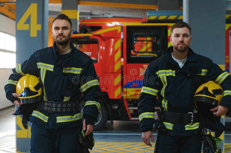 Portrait of Two Young Firemen in Uniform Standing Inside the Fire ...