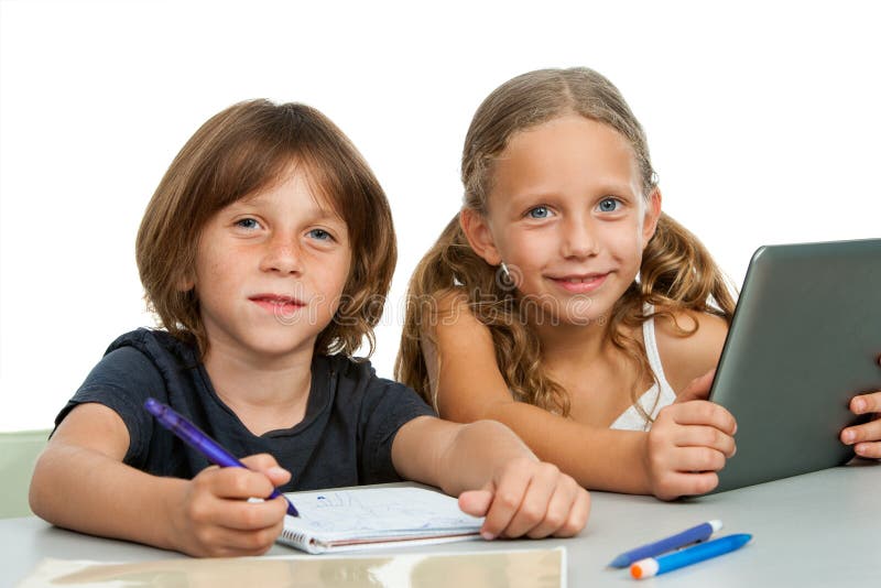 Portrait of Two Young Students at Desk. Stock Photo - Image of desk ...