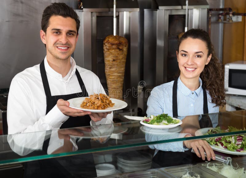 Portrait of Two Young Workers with Kebab Stock Photo - Image of ...