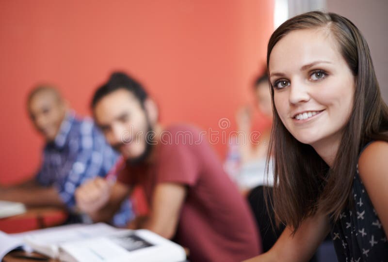 Portrait, University and Students in a Class, Woman and Knowledge with Books and Studying. Face ...