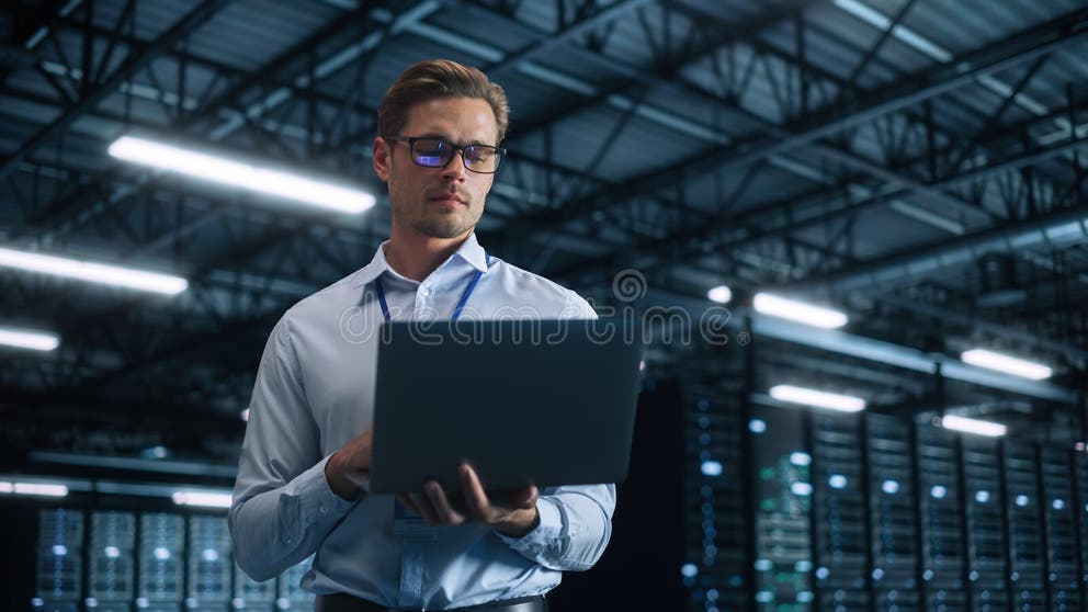 Portrait View of Caucasian Software Engineer Standing and Looking at ...