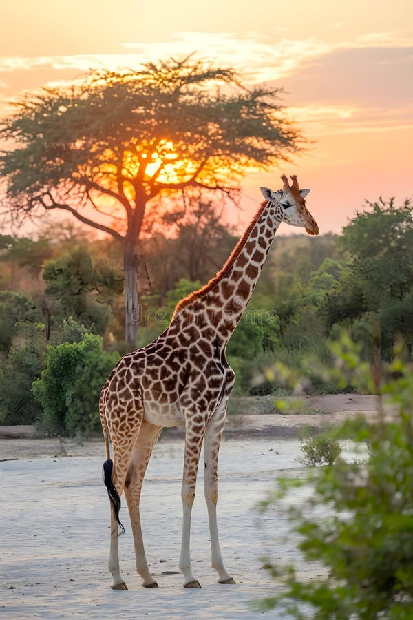 Portrait of a Giraffe is in a Beautiful Sunset Background Stock ...