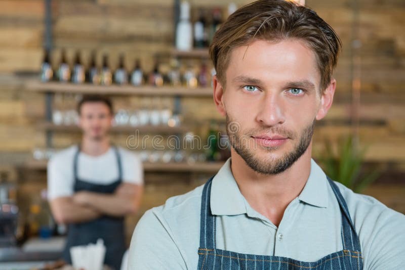 Portrait of Waiter Standing Behind the Counter Stock Image - Image of ...