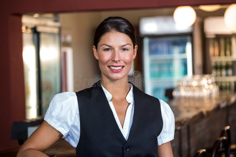 Portrait of Waitress Standing at Bar Counter Stock Image - Image of ...