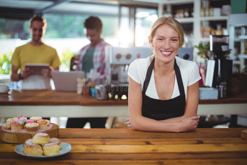 Portrait of Waitress Standing Behind the Counter Stock Photo - Image of ...