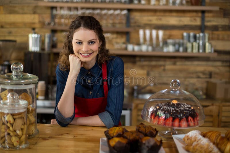 Portrait of Waitress Standing Behind the Counter Stock Image - Image of ...
