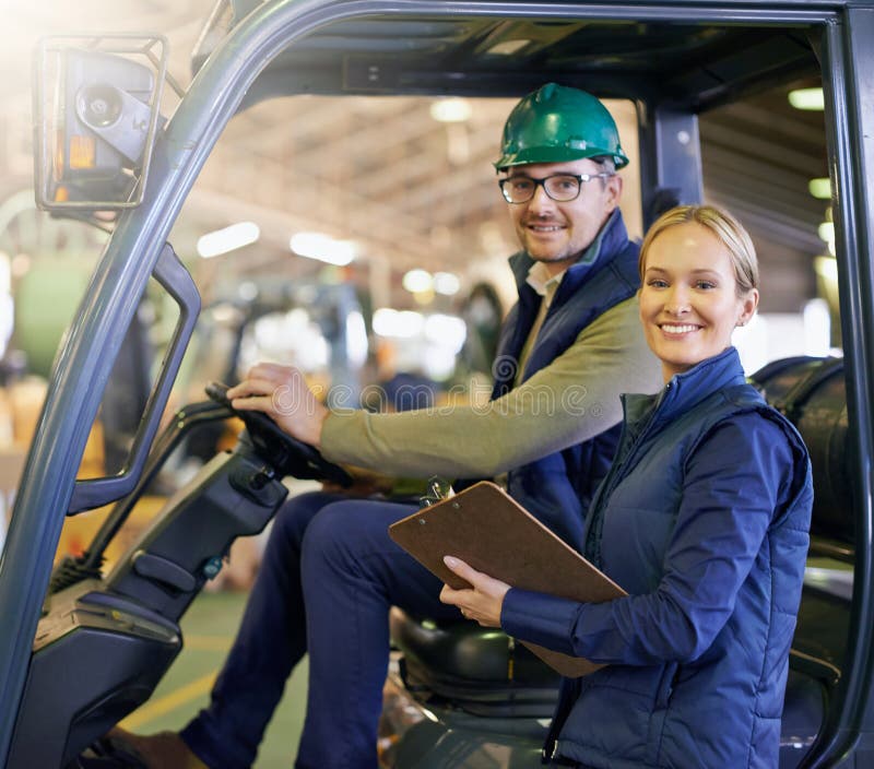Portrait, Warehouse and Smile Workers with Forklift on Site, Loading on ...