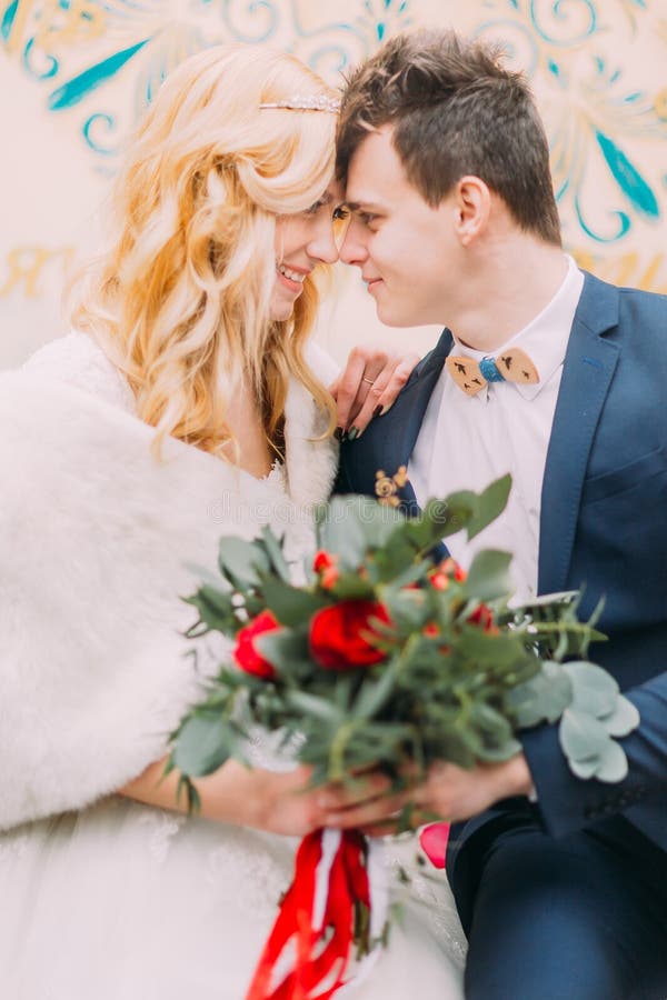 Portrait of Wedding Couple with Red Roses Close Up. Stock Image - Image ...