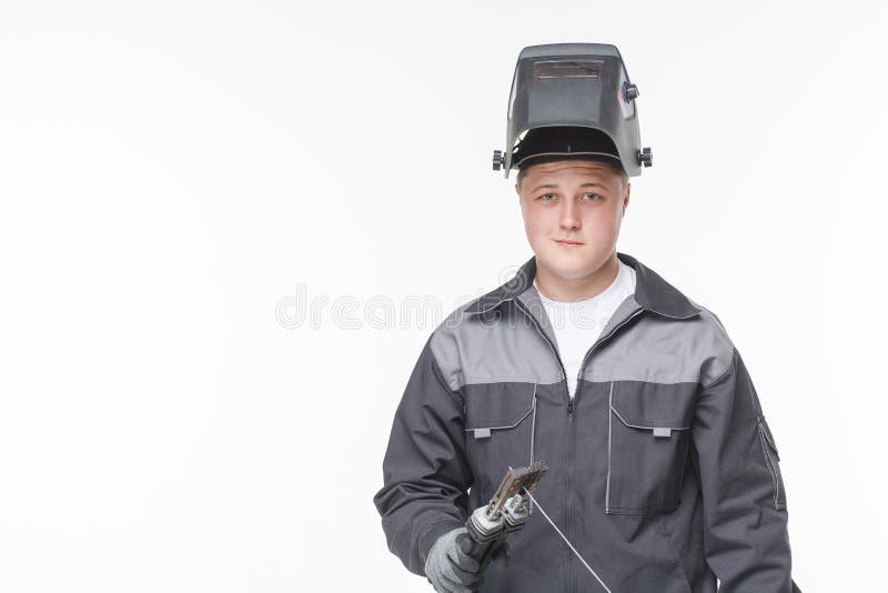 Portrait of Welder in Mask Isolated on White Stock Image - Image of ...