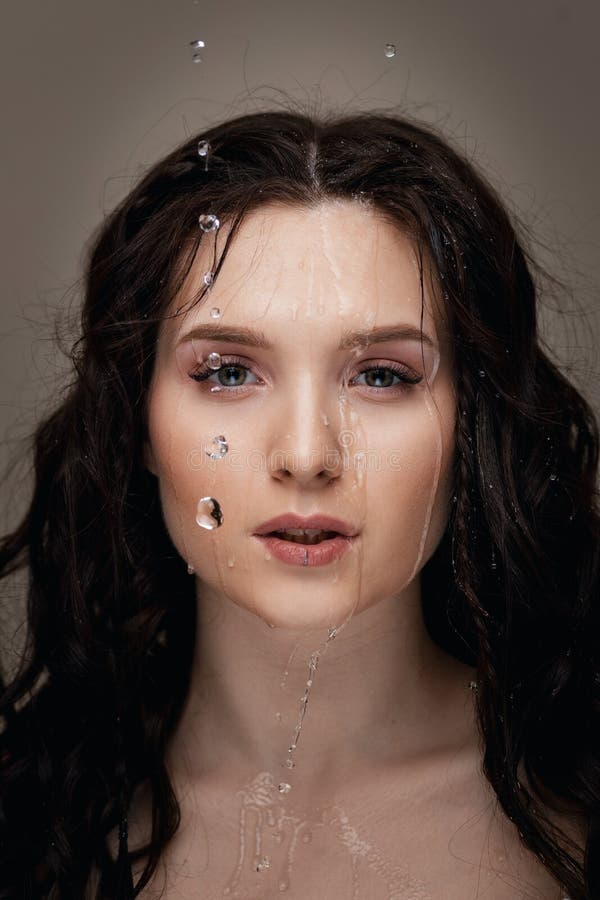 Portrait Wet Woman Face With Water Drop With Extended Fake Eyelashes