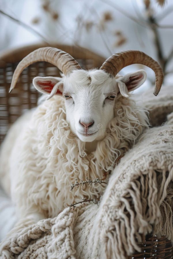 Portrait of a White Curly Goat, Cozy and Comfortable Atmosphere Stock ...