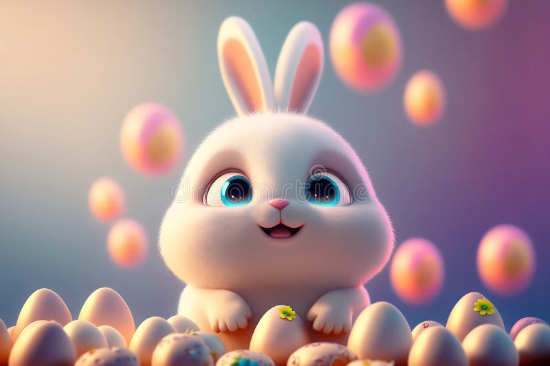 Portrait of a White Little Happy Bunny with Easter Eggs Stock ...