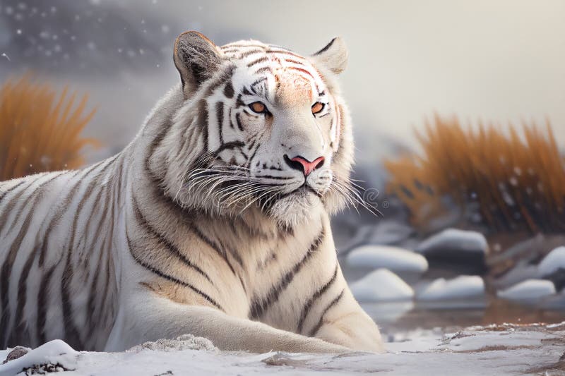 Portrait of a White Tiger in the Background of a Snowy Landscape. AI ...