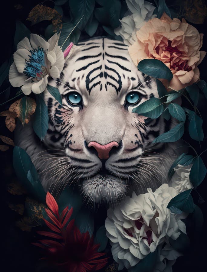 White tiger among flowers. stock illustration. Illustration of eyes ...
