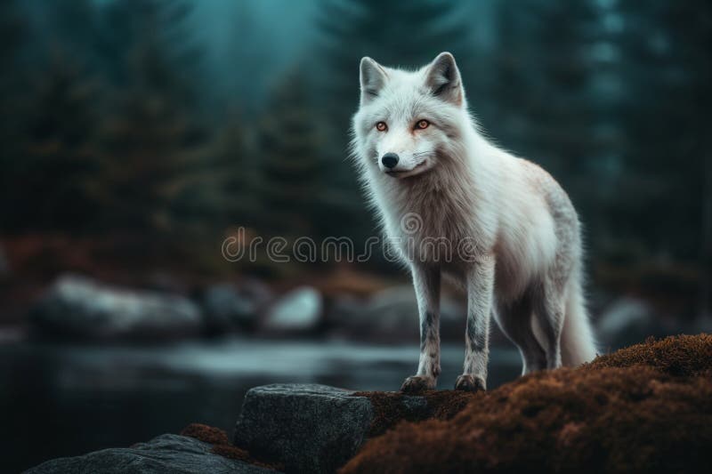 Portrait of a White Wolf Sitting on a Rock in the Forest. 3d Rendering ...