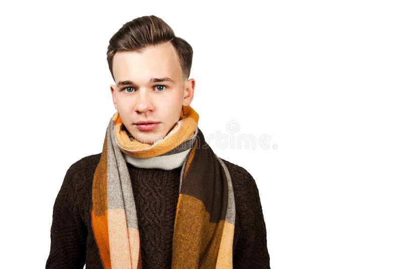 Portrait White Young Guy Hiding His Face in Sweater. Isolated on a ...