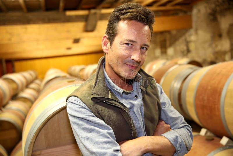 Portrait of Winegrower in Wine Cellar Stock Photo - Image of grape ...