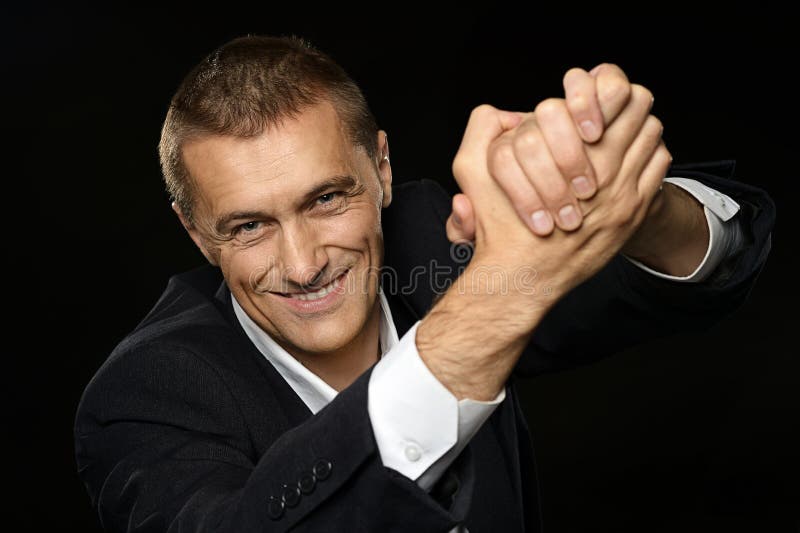 Portrait of a Winner Mature Man with Arms Up Stock Image - Image of ...