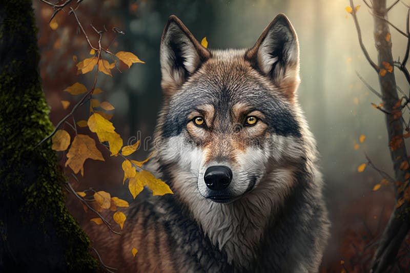 Portrait of a Wolf in the Autumn Forest. 3d Rendering Stock ...