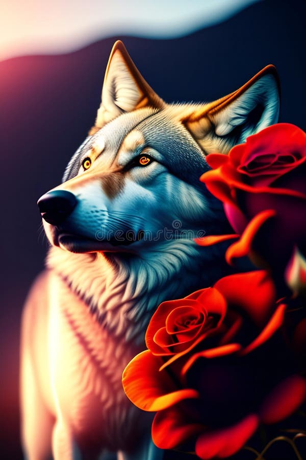 Portrait of a Wolf with a Bouquet of Red Roses Stock Illustration ...