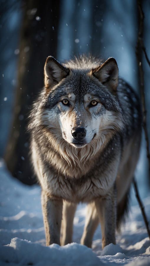 Portrait of an Wolf and Forest at Night in Winter with Falling Snow ...