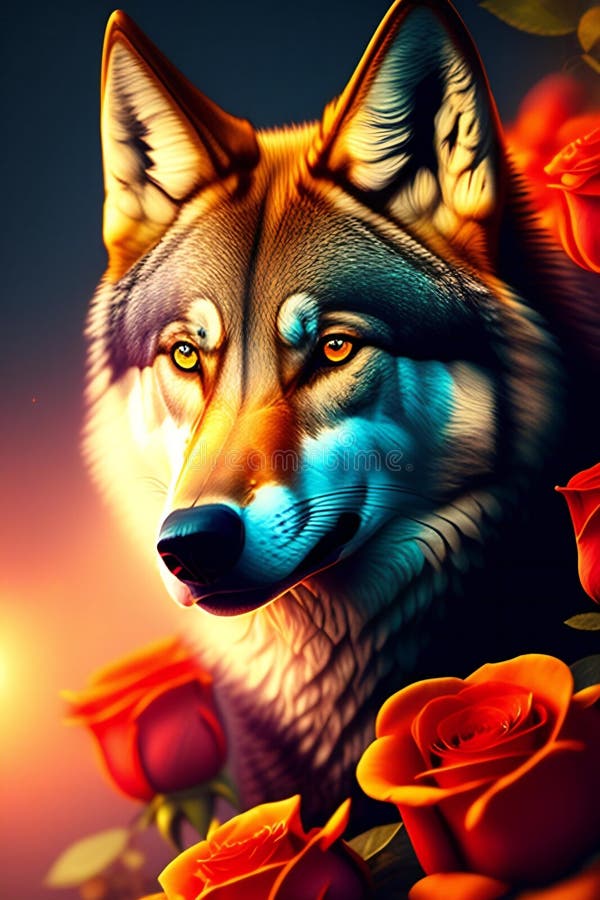 Portrait of a Wolf with Red Roses. 3D Rendering Stock Illustration ...