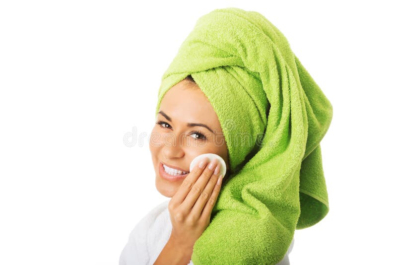 Portrait of a Woman in Bathrobe Removing Makeup Stock Photo - Image of ...