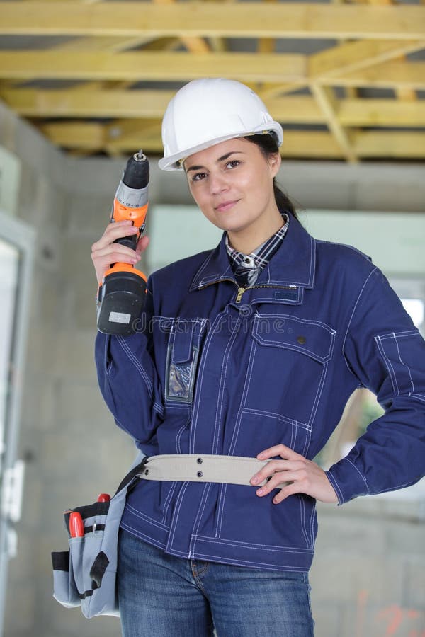 Portrait Woman Builder Holding Drill Tool Stock Image - Image of woman ...