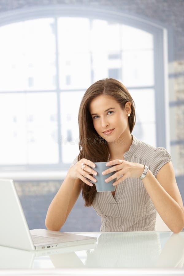 Portrait of Woman with Coffee Using Computer Stock Photo - Image of ...