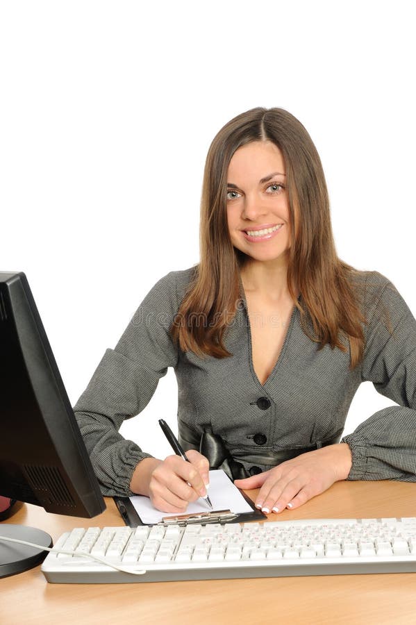 Portrait of the Woman with a Computer. Stock Image - Image of busy ...