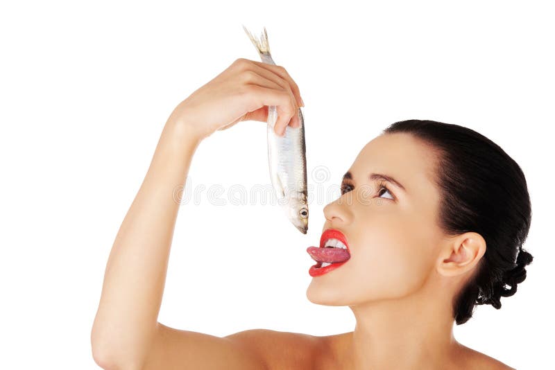 Portrait of a Woman Eating Raw Fish Stock Photo - Image of mouth, nude ...